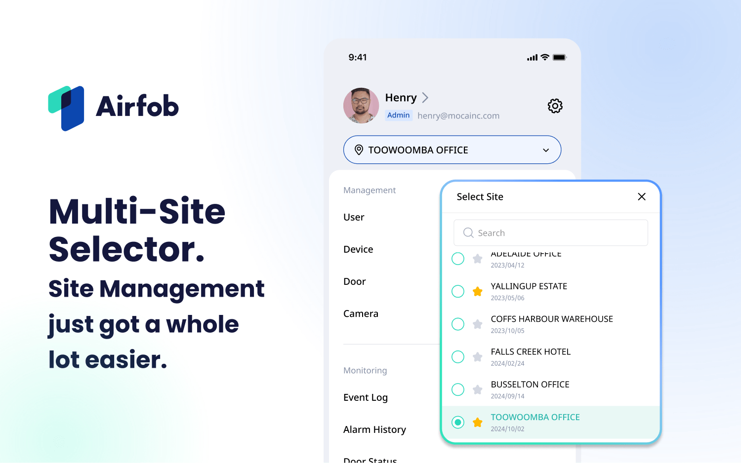 Multi-site selector: Streamlined management across locations.